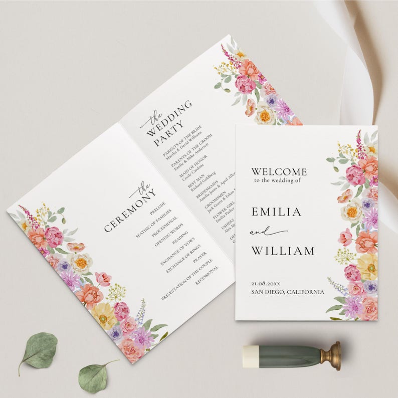 Floral Wedding Program Template Pastel Flowers Wedding Ceremony Program ...