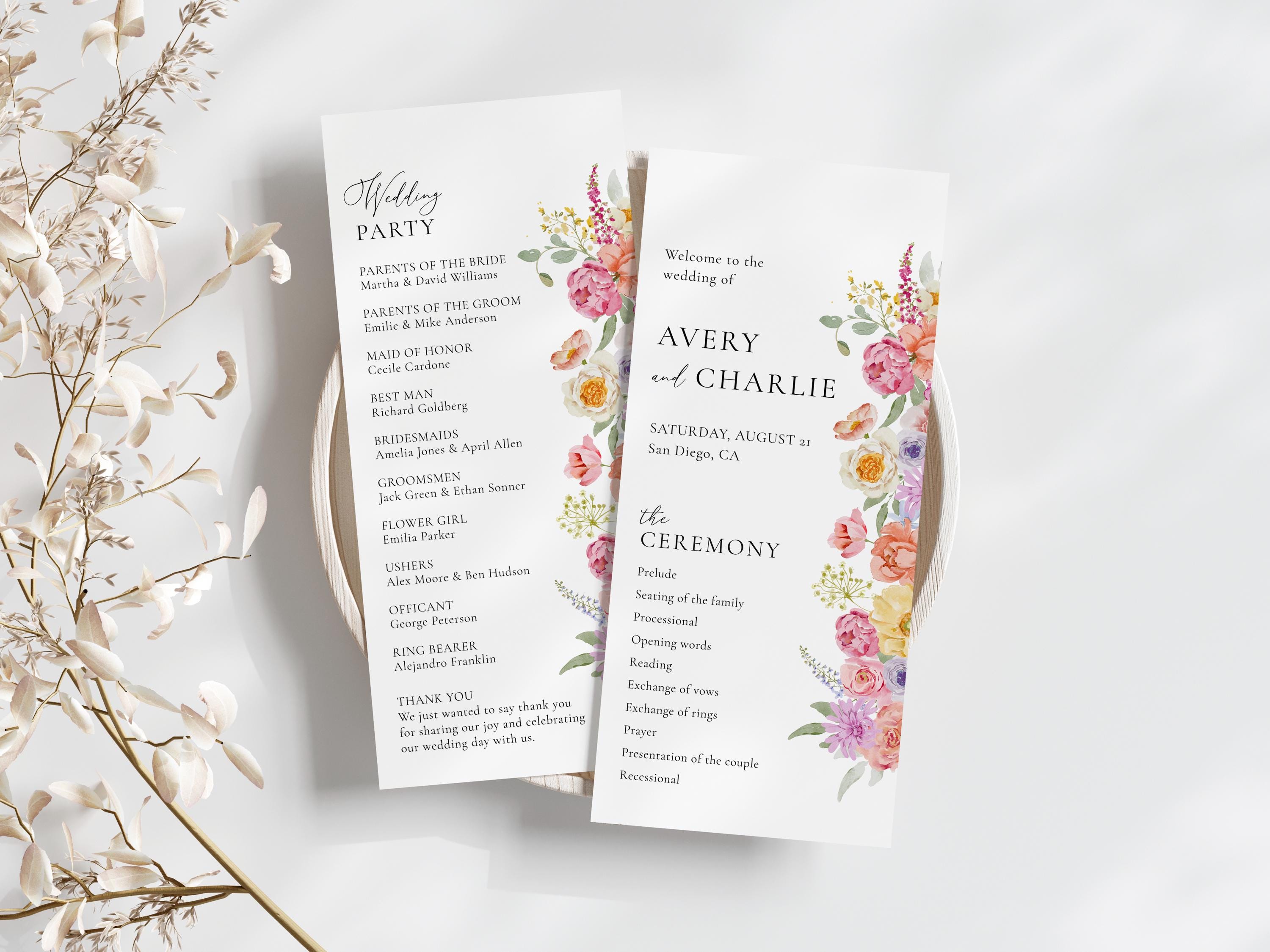 Floral Wedding Program Template Pastel Flowers Wedding Ceremony Program ...