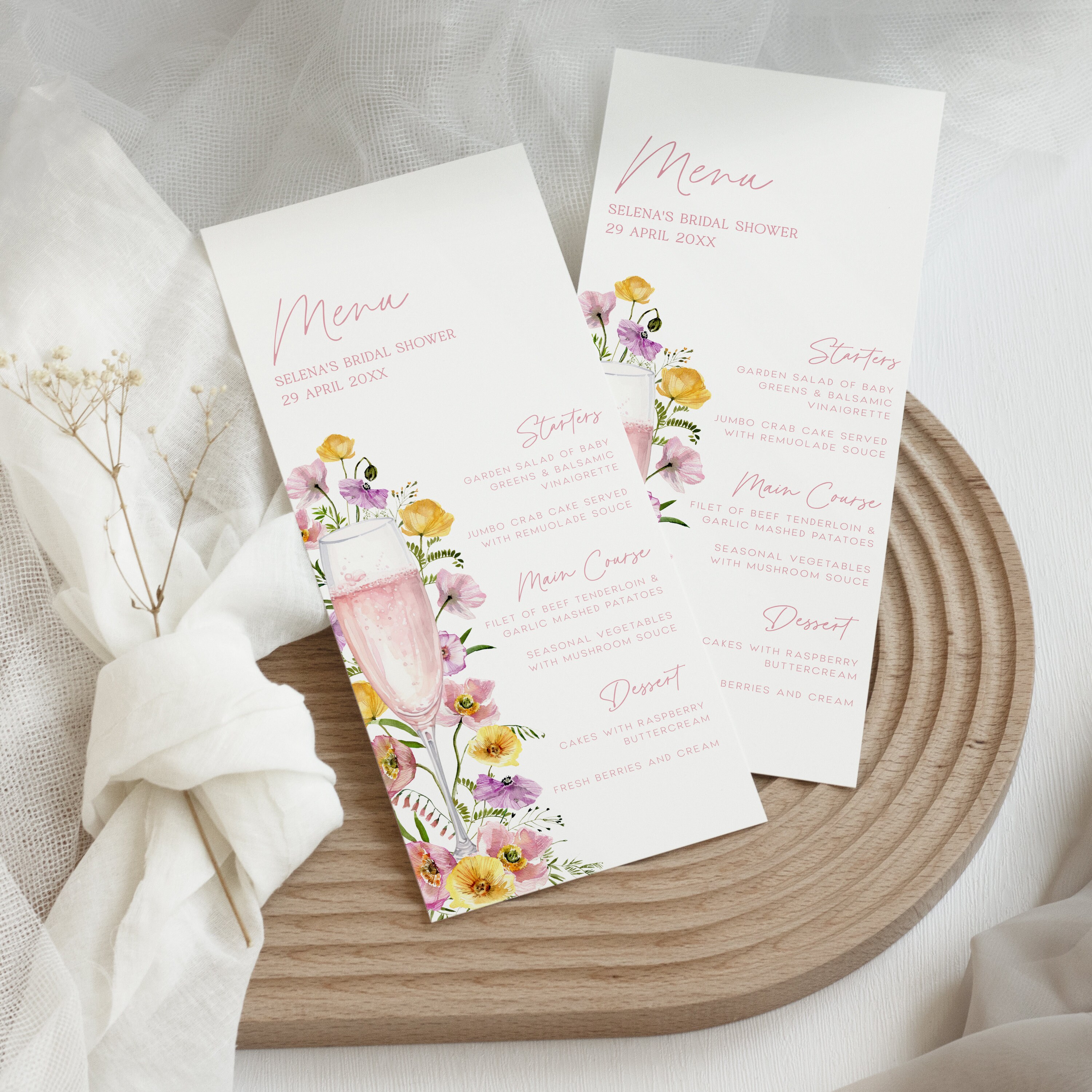 Petals and Prosecco Bridal Shower Menu Template Spring Floral Menu Pink ...