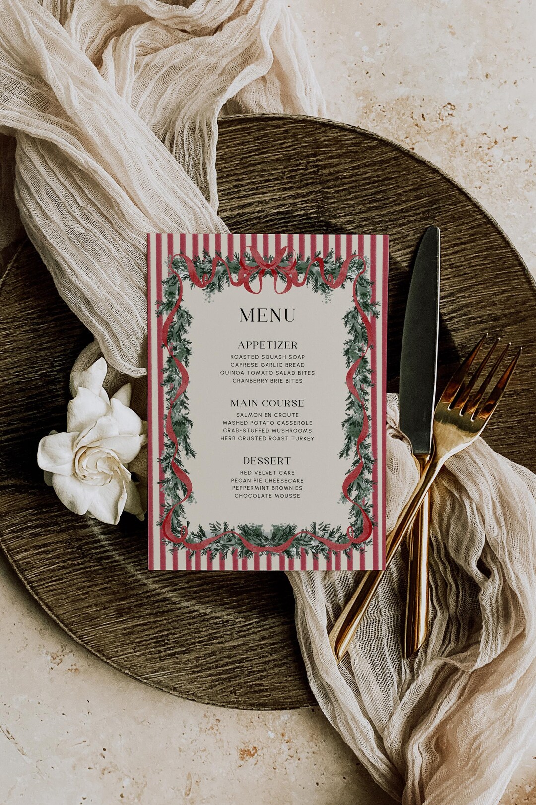 Editable Christmas Dinner Menu Red Ribbon Bow Holiday Dinner Party Menu ...