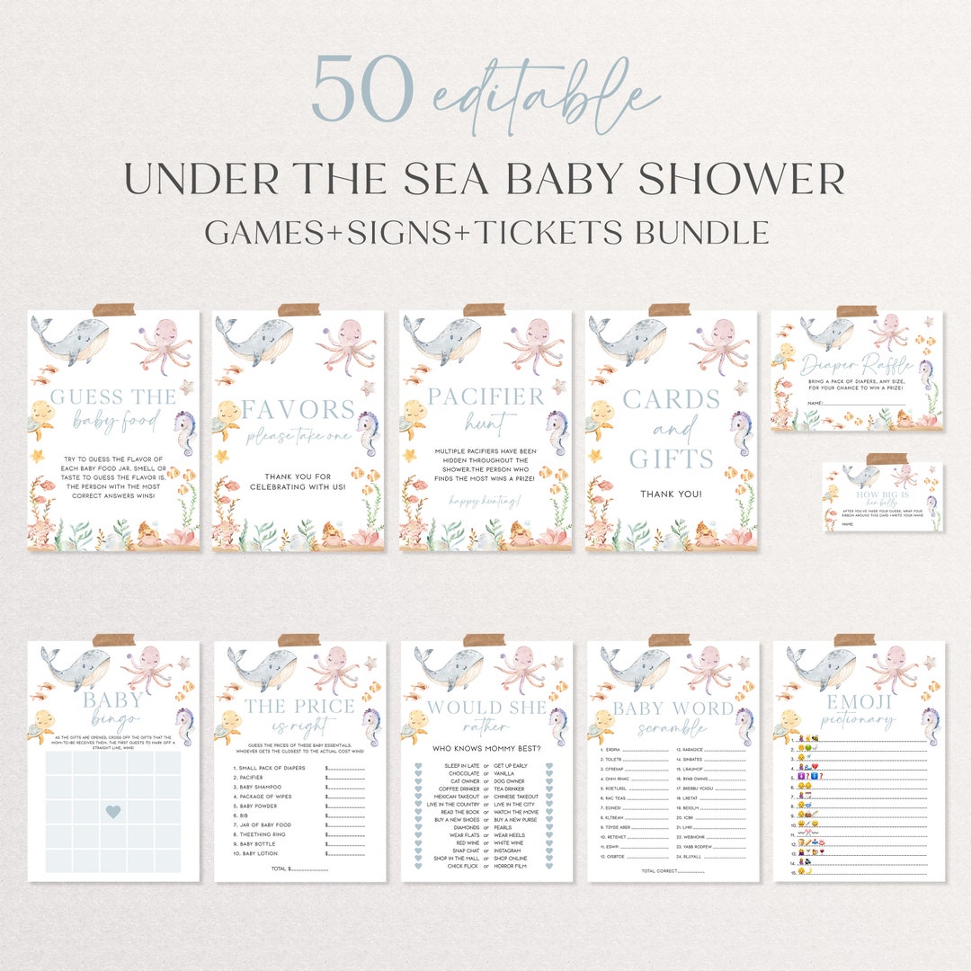 Under the Sea Baby Shower Games Bundle Ocean Animals Baby Shower Signs ...
