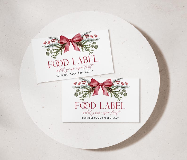 Christmas Food Label Template Winter Baby Shower Buffet Card Red Bow ...