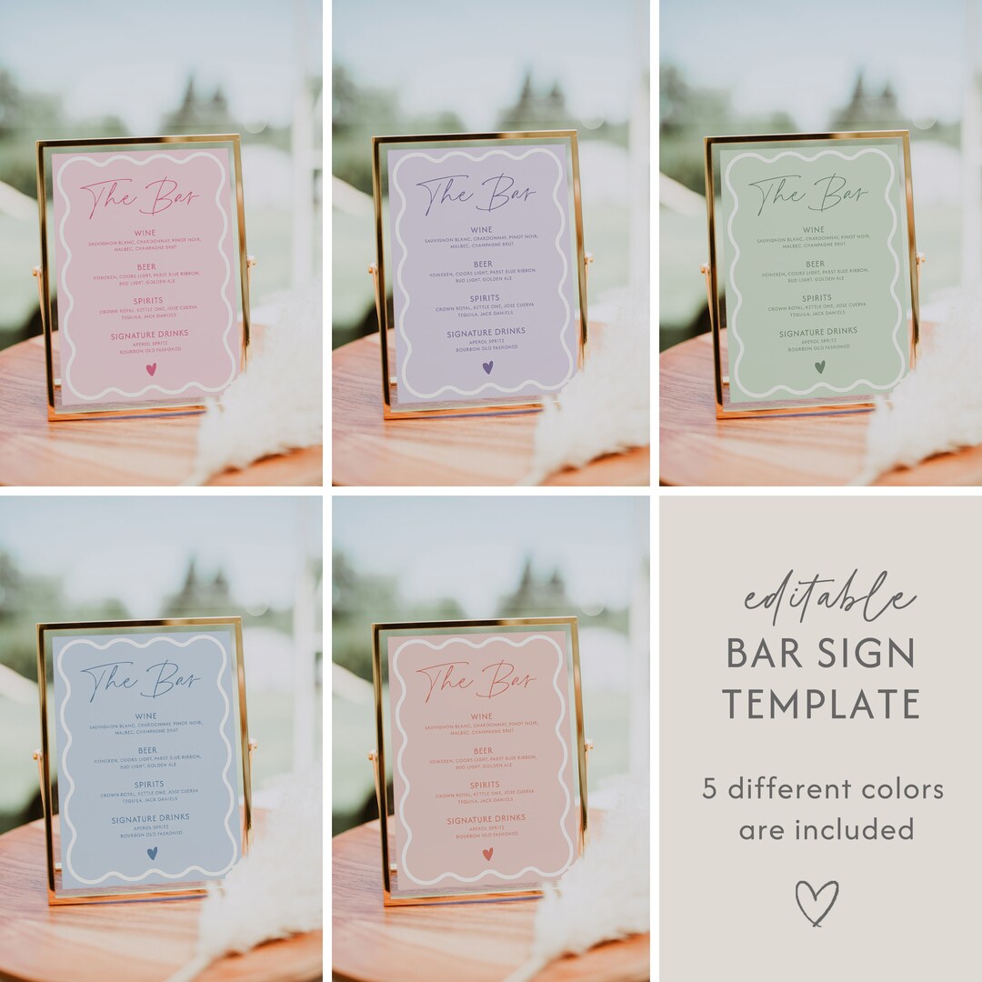 Wavy Bar Sign Template,wedding Bar Menu,signature Drinks, Editable Bar ...