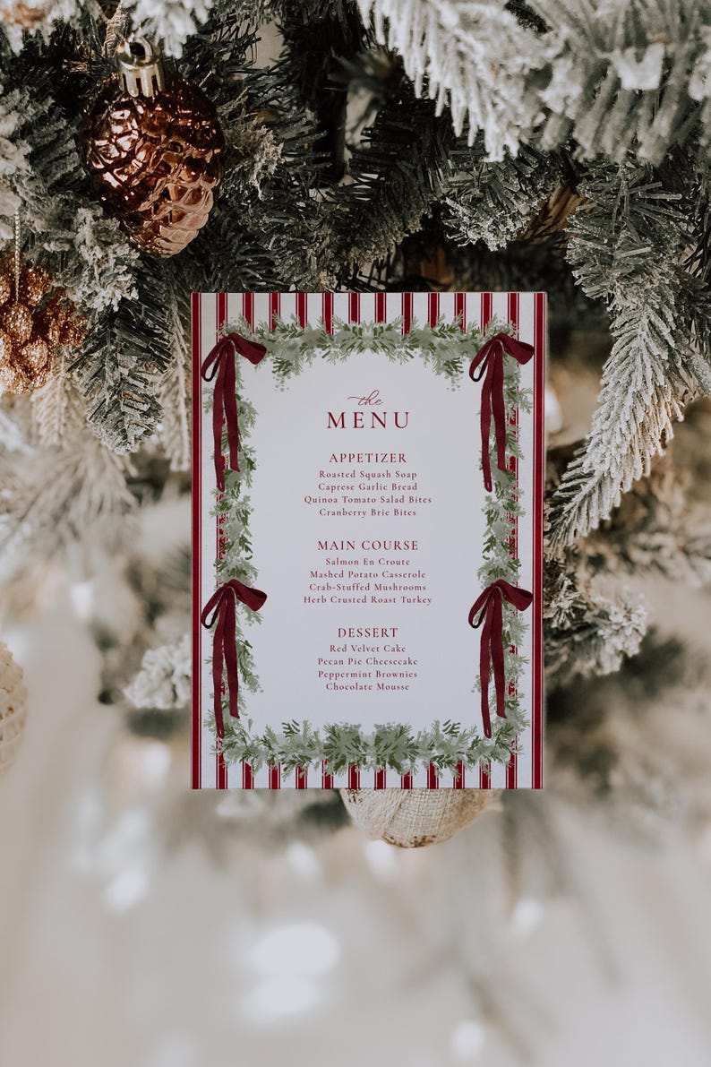 Editable Christmas Menu Template Botanical Bow Holiday Dinner Party ...
