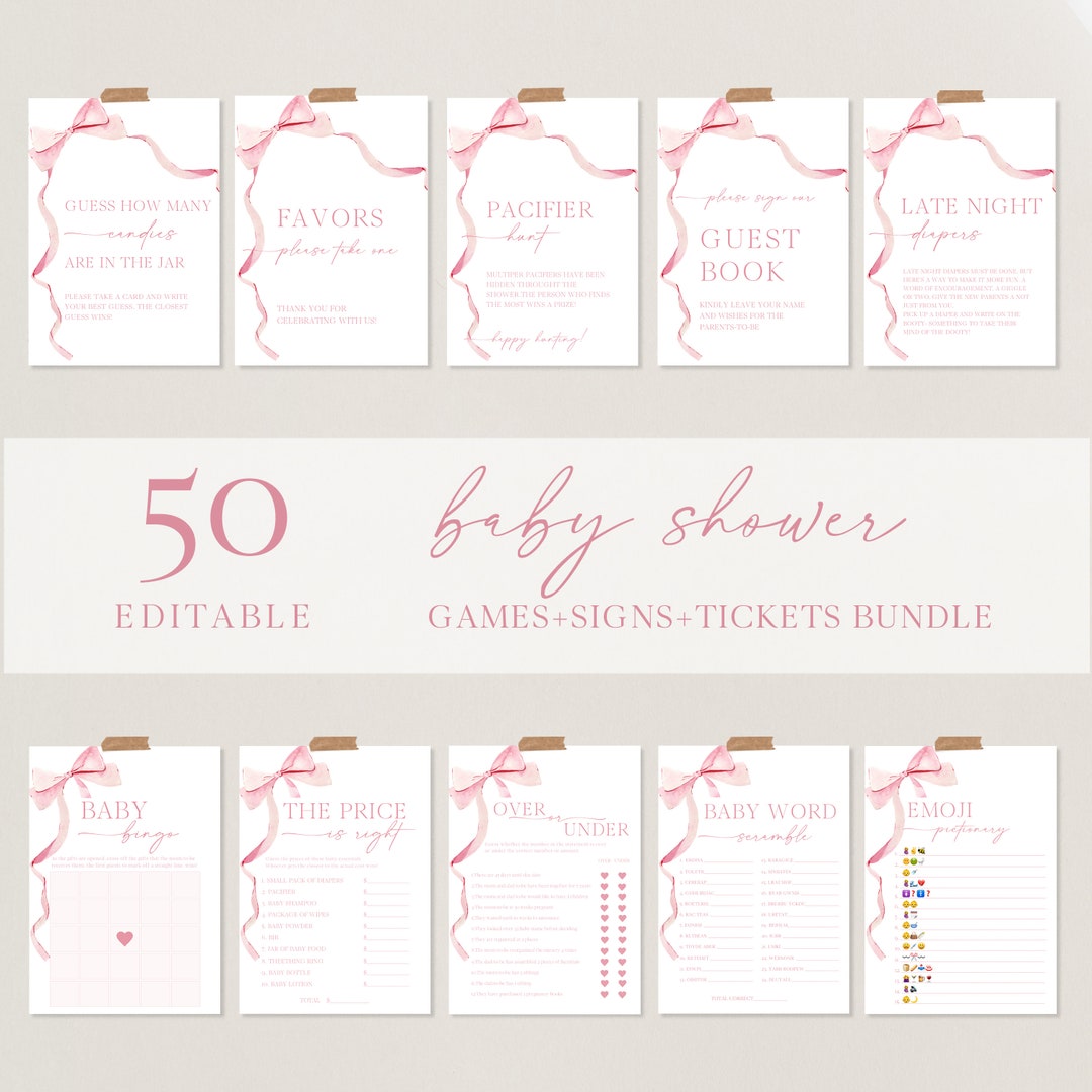 Pink Bow Baby Shower Games Bundle Printable Watercolor Ribbon Baby ...
