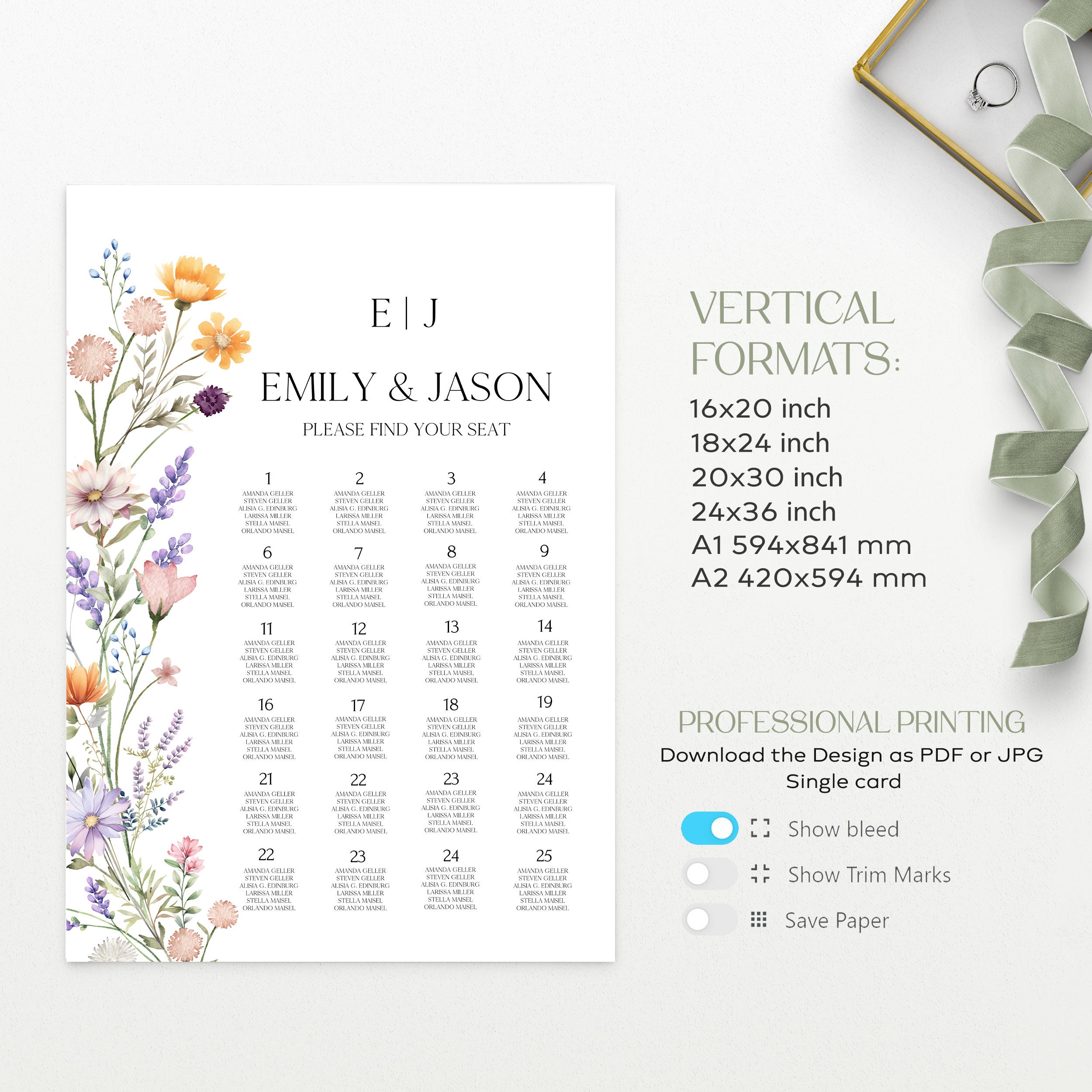 Wildflower Wedding Seating Chart Templatefloral Seating Chart - Etsy