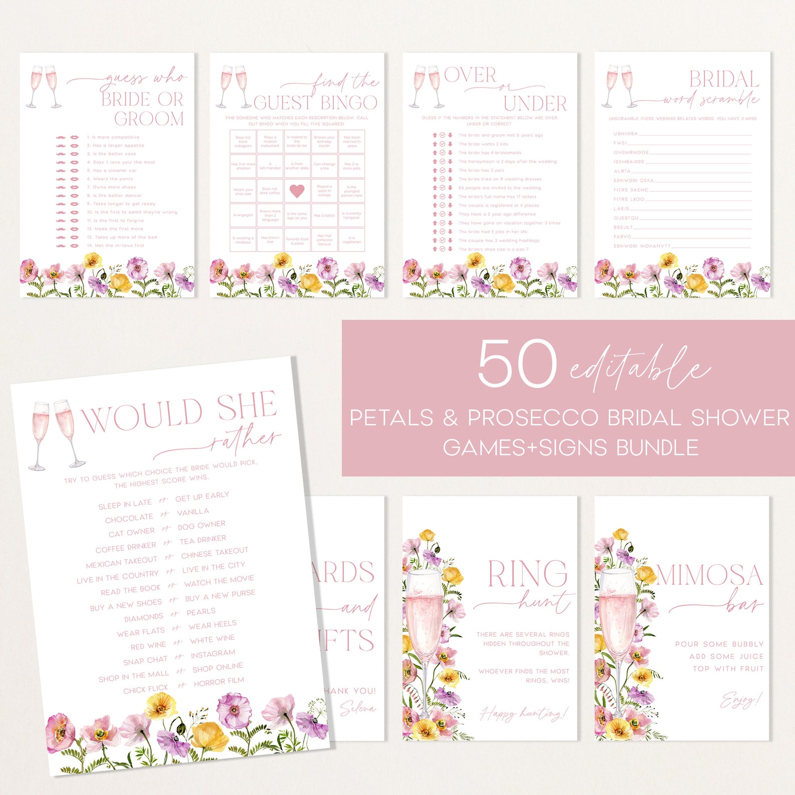 Petals and Prosecco Bridal Shower Games Bundle Spring Floral Bridal ...