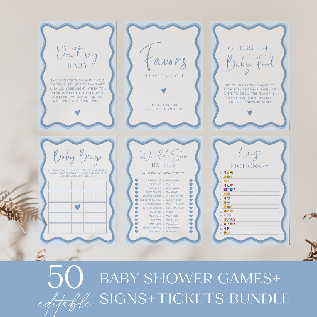 Blue Wavy Border Baby Shower Games Bundle Scalloped Frame Table Signs ...