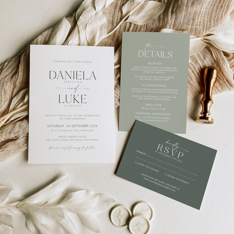 Sage Green Wedding Invitation Suite Template Green Invitation Bundle ...