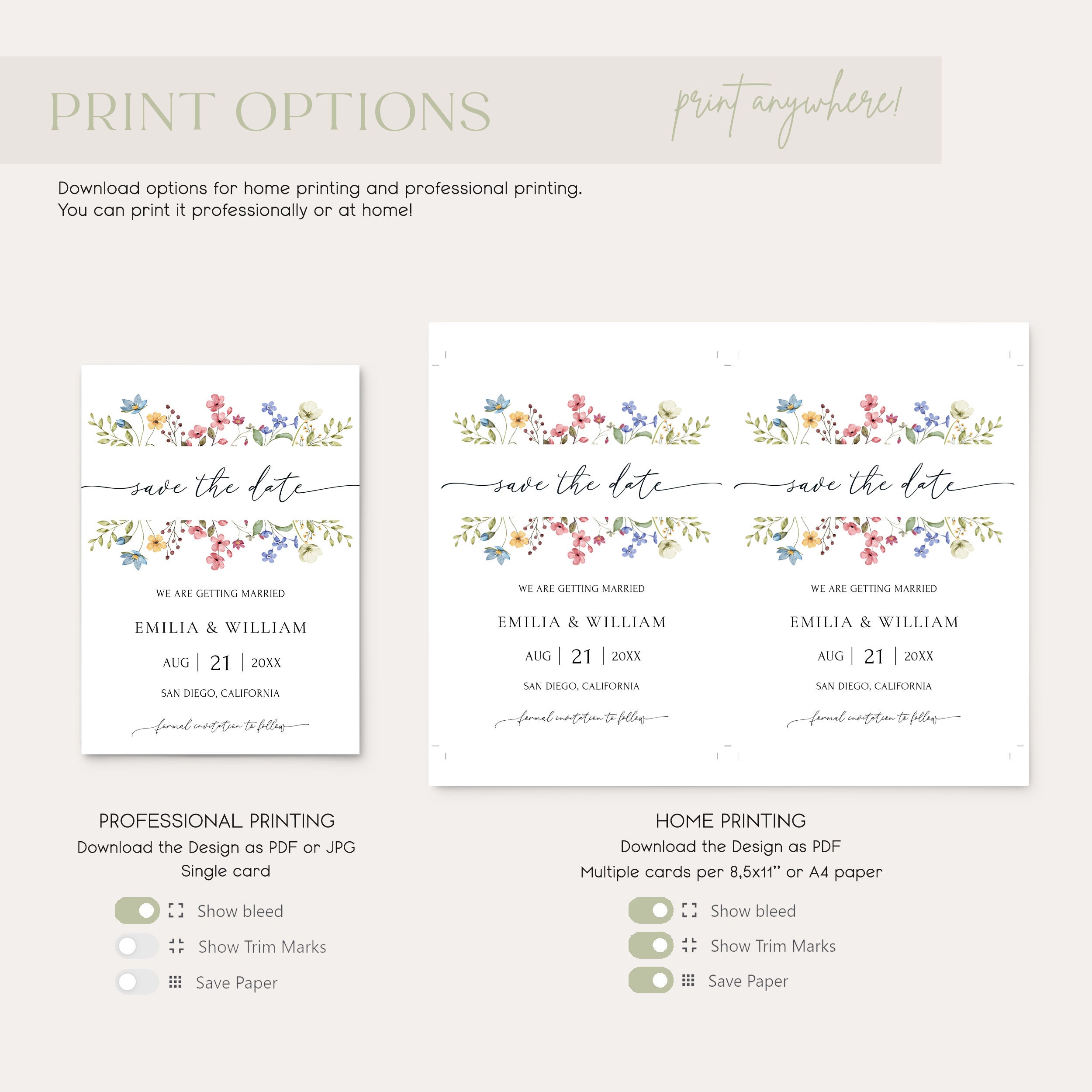 Wildflower Save the Date Template Editable Floral Save the Date Card Wildflower Wedding Card ...
