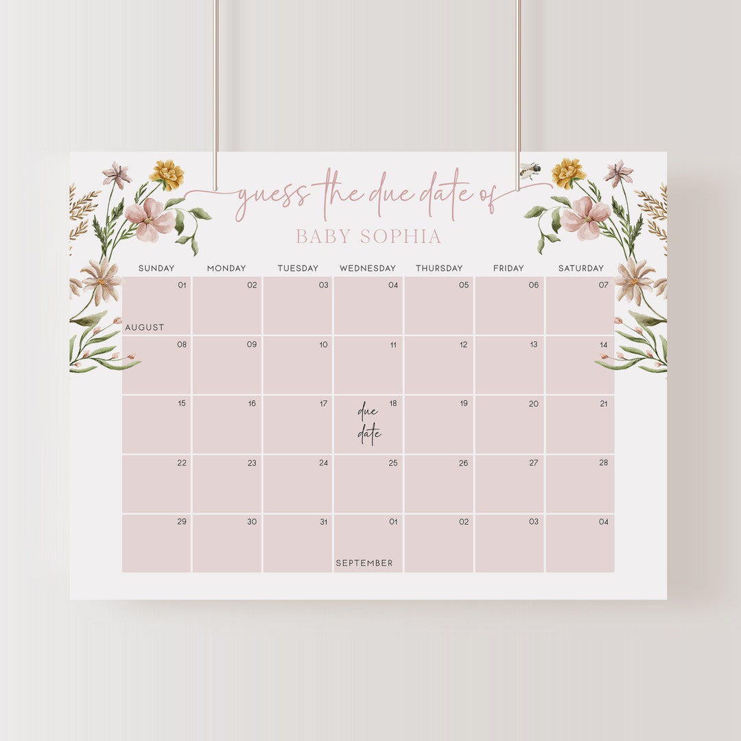 Wildflower Due Date Calendar Template Spring Floral Baby Shower Game ...