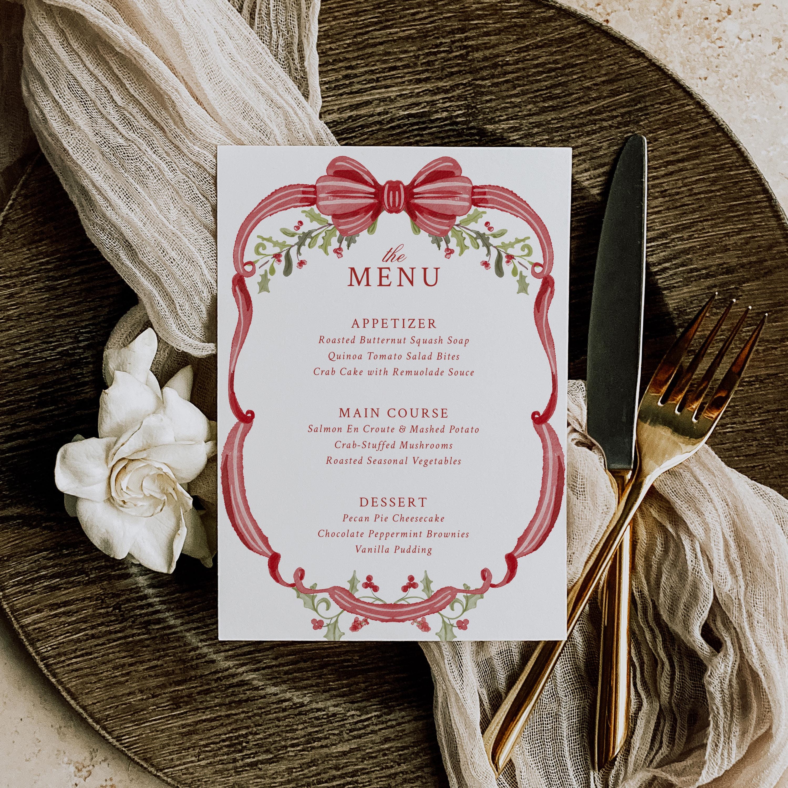 Editable Christmas Menu Template, Watercolor Ribbon Frame Menu Card ...