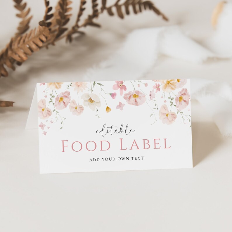 Floral Food Label Template Editable Soft Pink Baby Shower Buffet Card ...