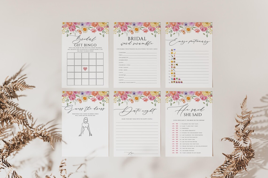 Floral Bridal Shower Games Bundle Colorful Flowers Bridal Shower Signs ...