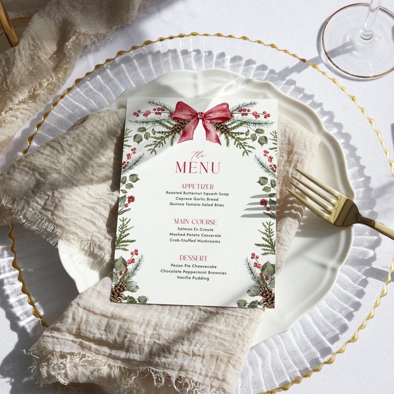 Christmas Menu Template, Red Bow Menu, Editable Christmas Menu ...