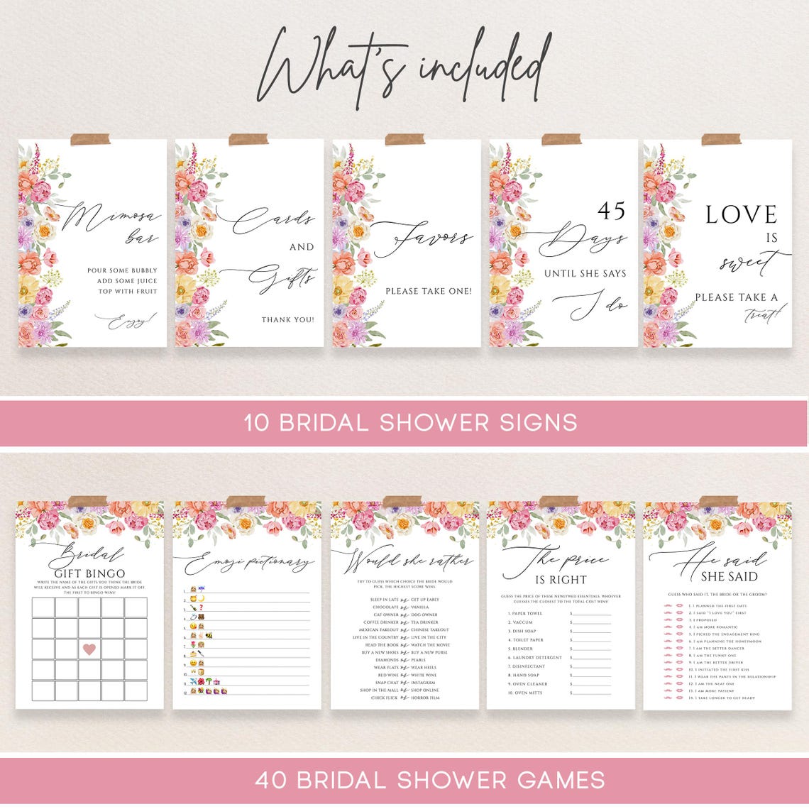 Floral Bridal Shower Games Bundle Colorful Flowers Bridal Shower Signs ...