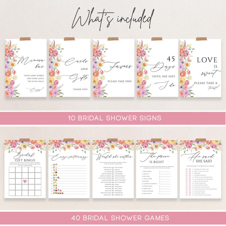 Floral Bridal Shower Games Bundle Colorful Flowers Bridal Shower Signs ...