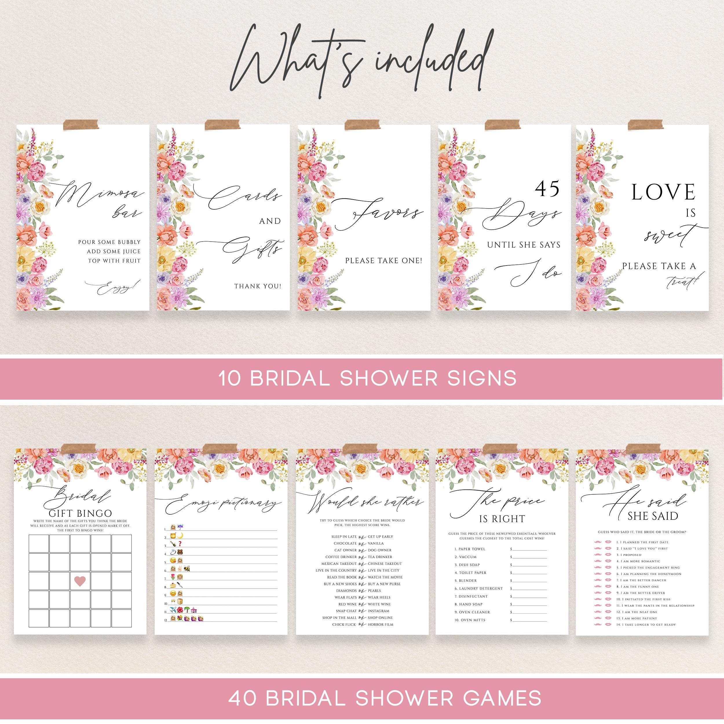 Floral Bridal Shower Games Bundle Colorful Flowers Bridal Shower Signs ...