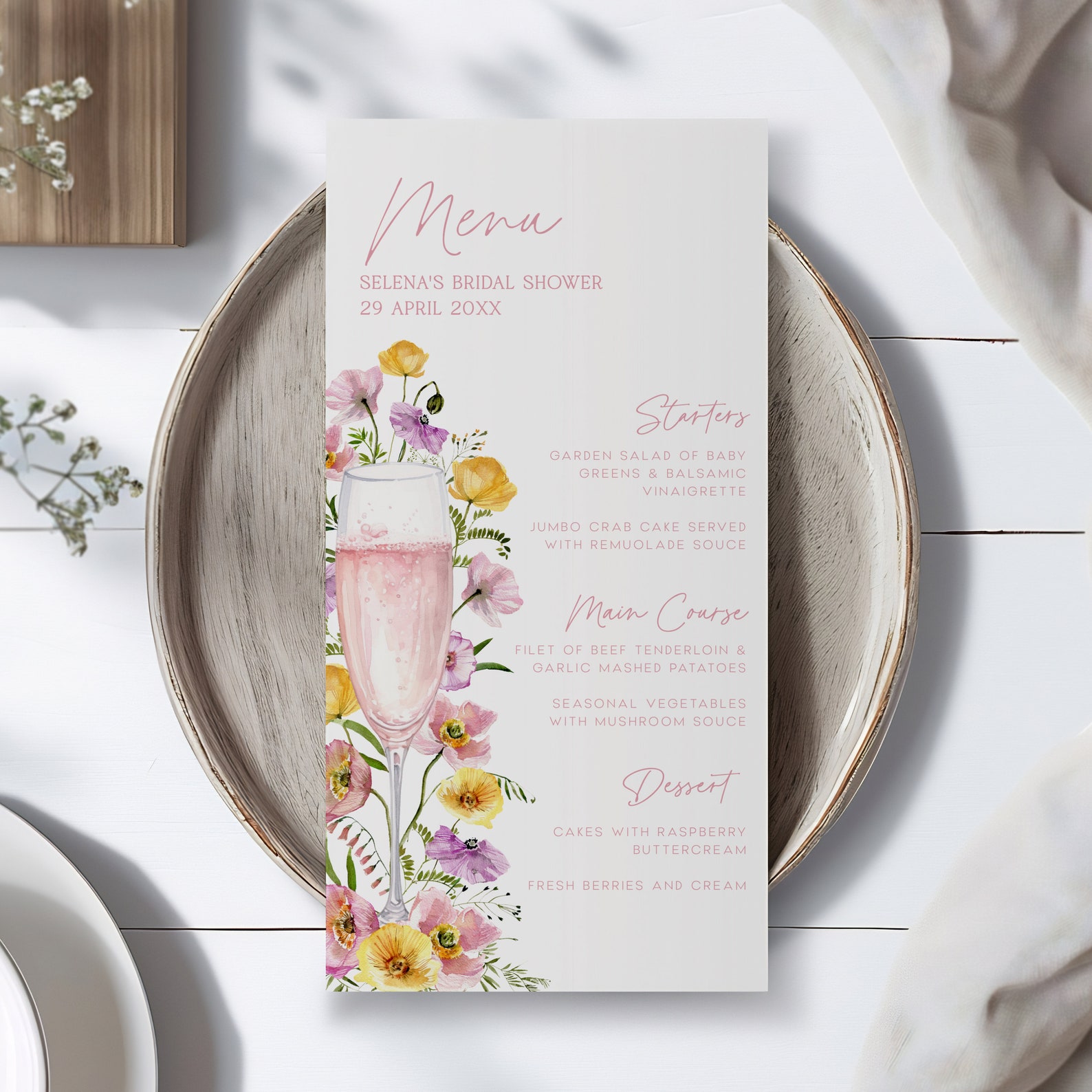Petals and Prosecco Bridal Shower Menu Template Spring Floral Menu Pink ...
