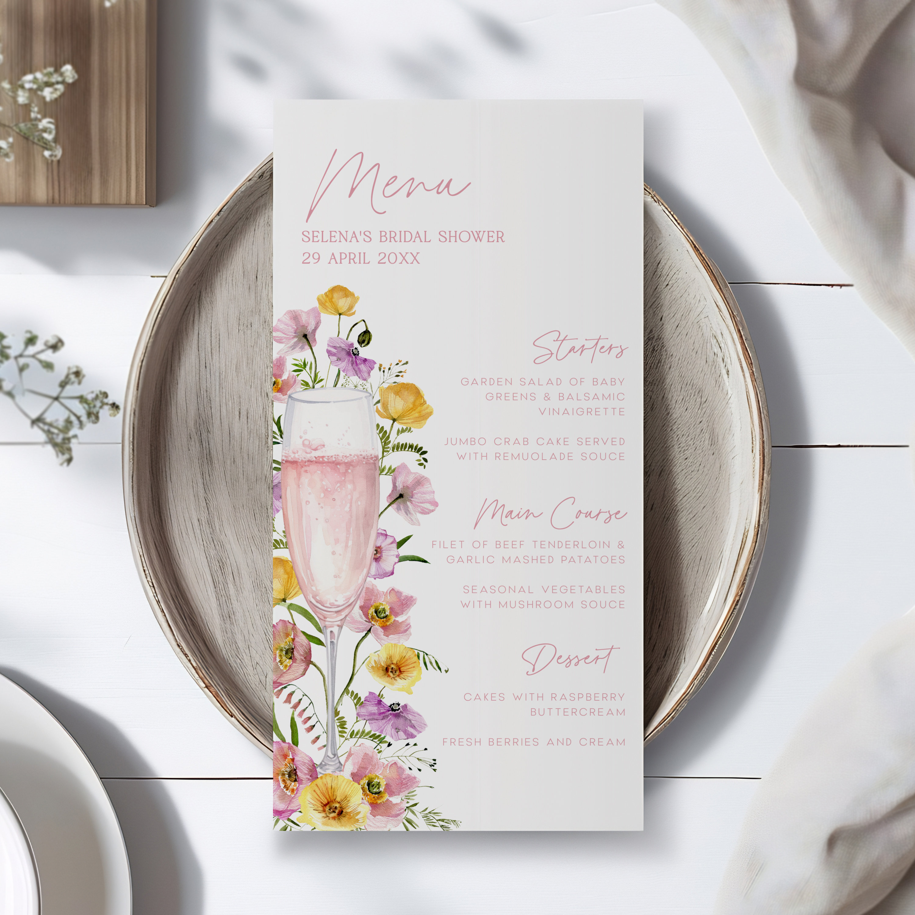 Petals and Prosecco Bridal Shower Menu Template Spring Floral Menu Pink ...