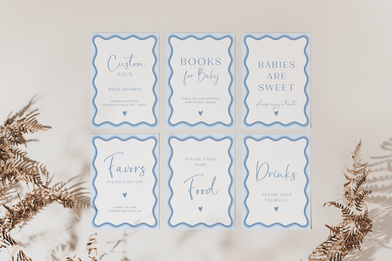 Blue Wavy Border Baby Shower Signs Bundle Scalloped Frame Table Sign ...