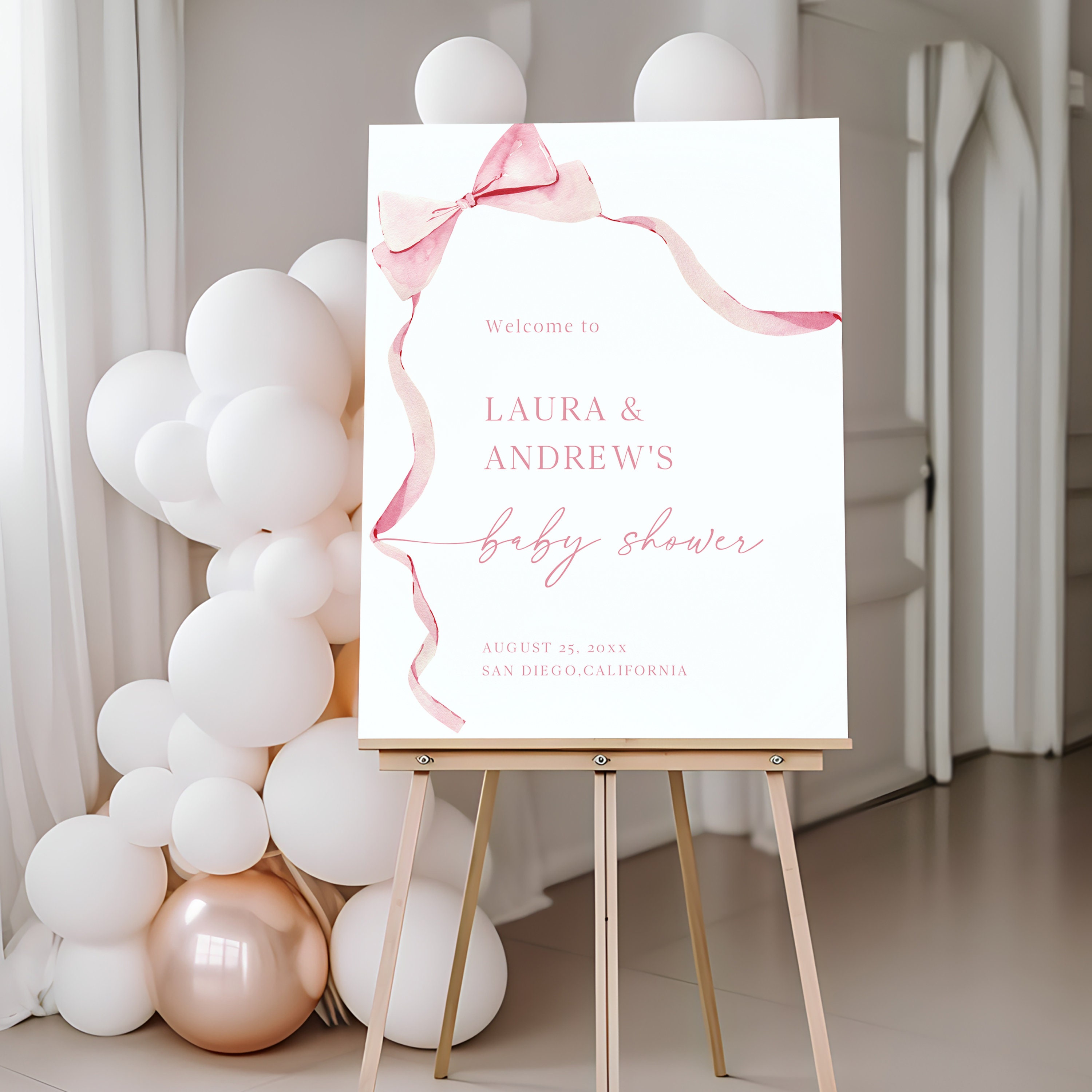 Pink Bow Baby Shower Welcome Sign Template Printable Soft Pink Welcome ...