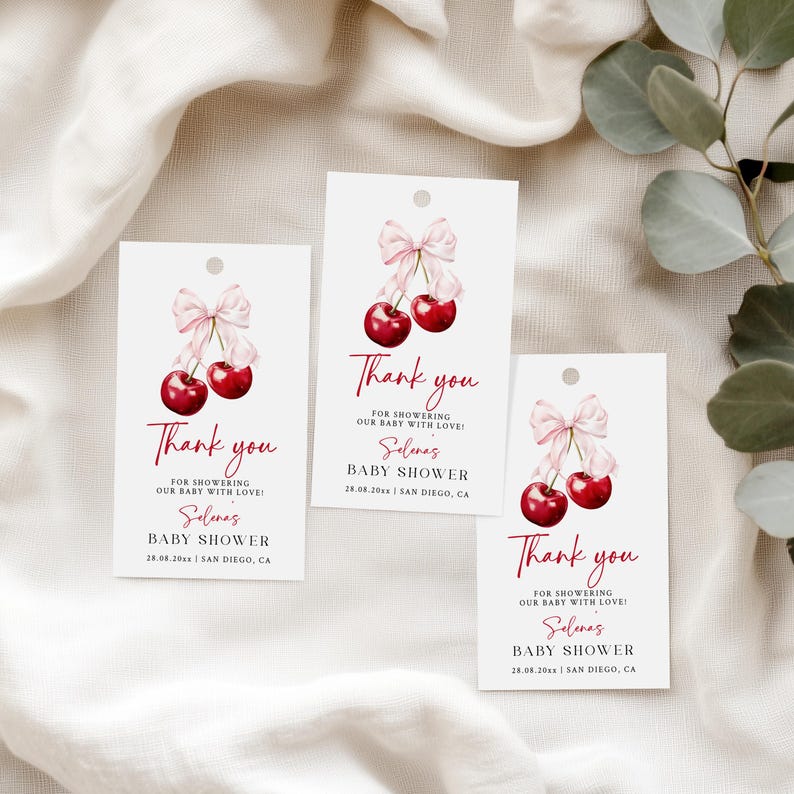 Pink Bow Cherry Baby Shower Tag Template Cherry on Top Baby Shower ...