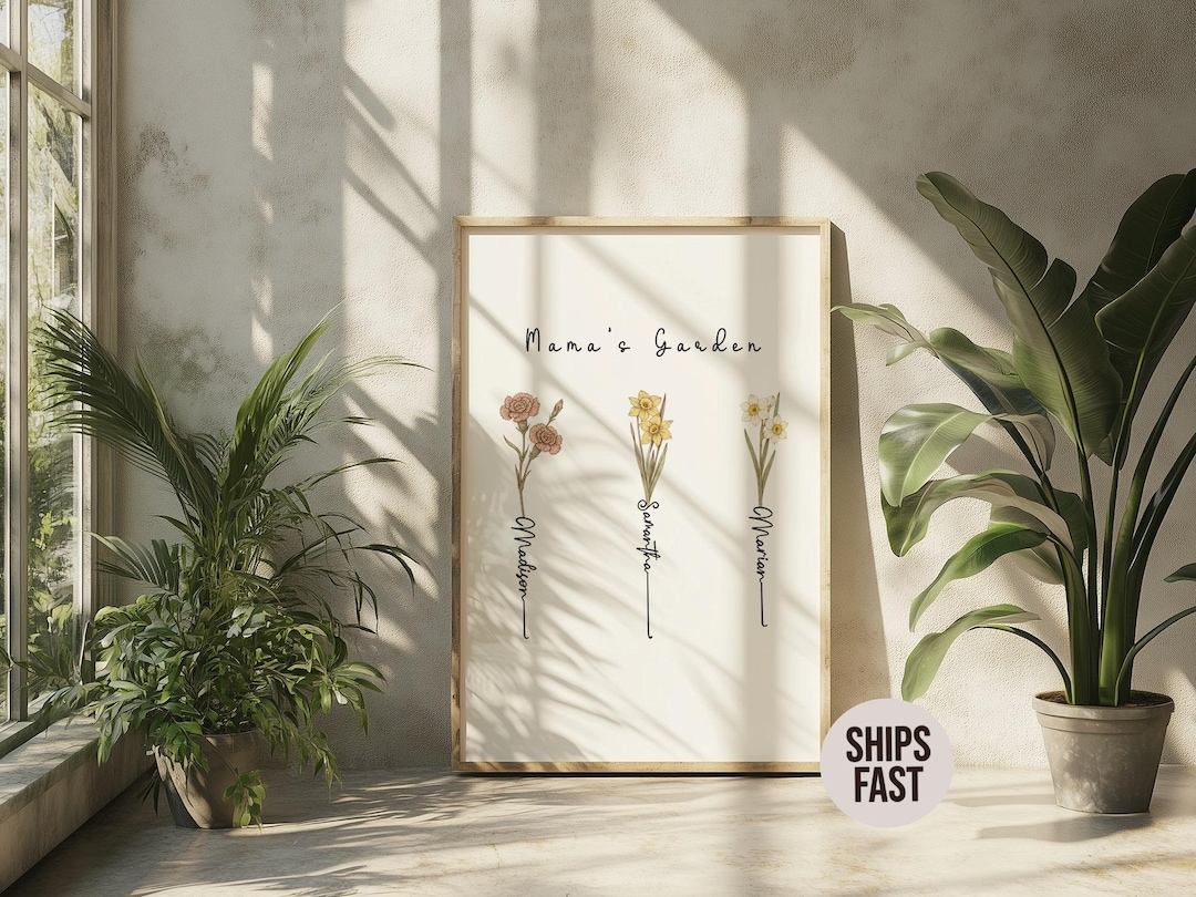 Personalized Birth Flower Print, Family Name Botanical Art (digital ...
