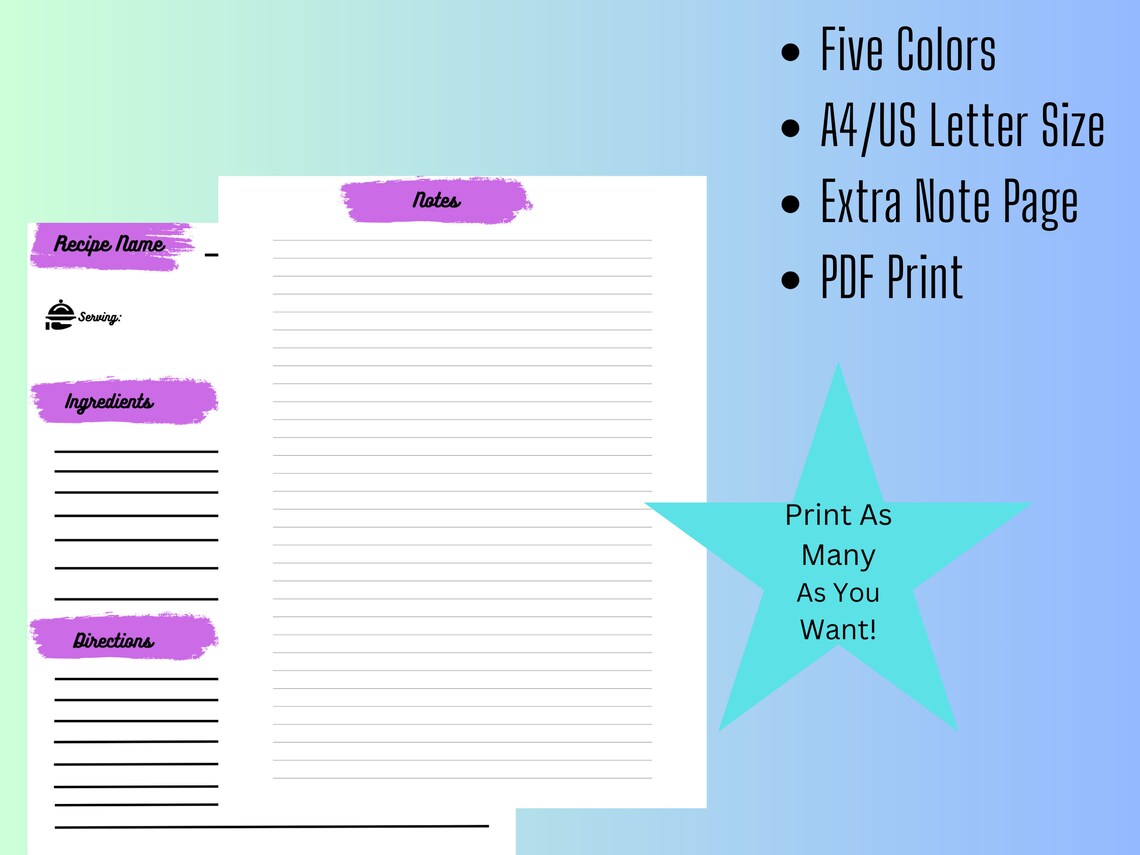Printable Recipe Page | Recipe Sheet Template | Digital Download Recipe ...