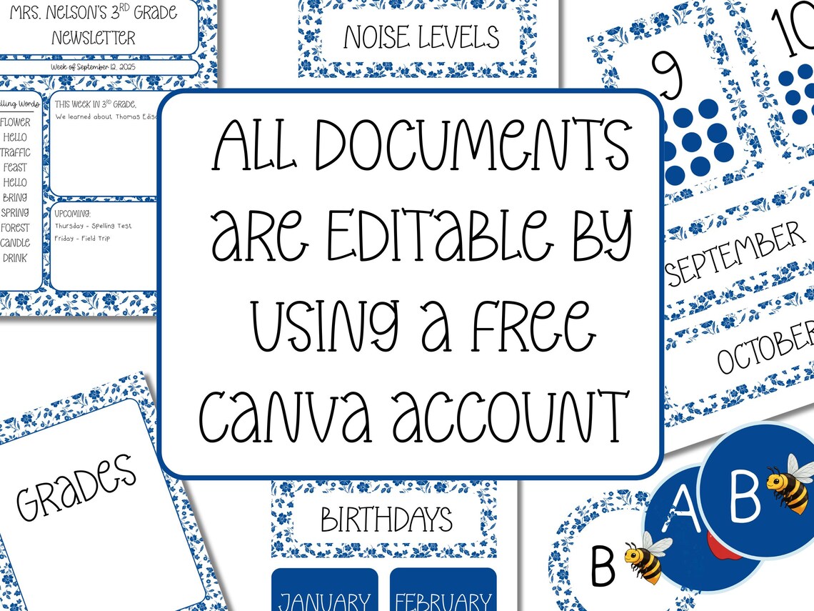 Blue and White Classroom Decor Bundle || Editable Classroom Printable ...