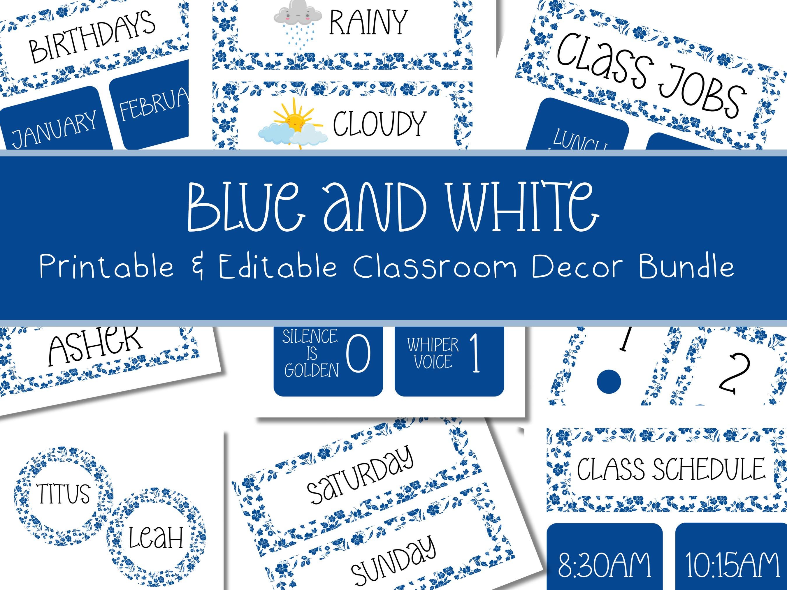 Blue & White Classroom Decor Bundle: Editable Canva Templates (digital ...