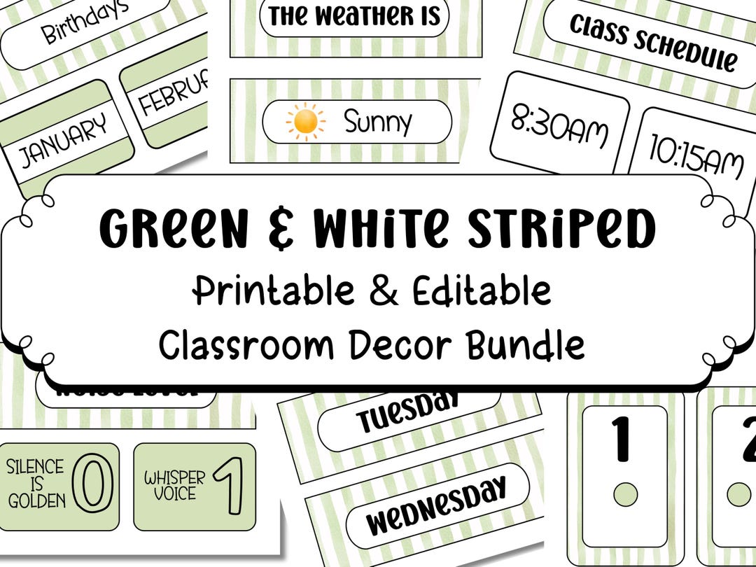 Green & White Classroom Decor Bundle: Editable Canva Template (digital ...