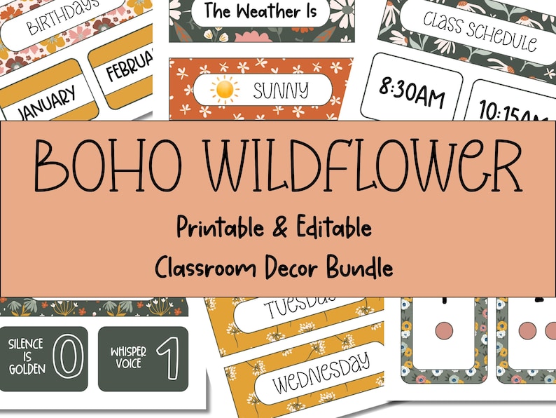 Boho Wildflower Classroom Decor Bundle: Editable Canva Template ...