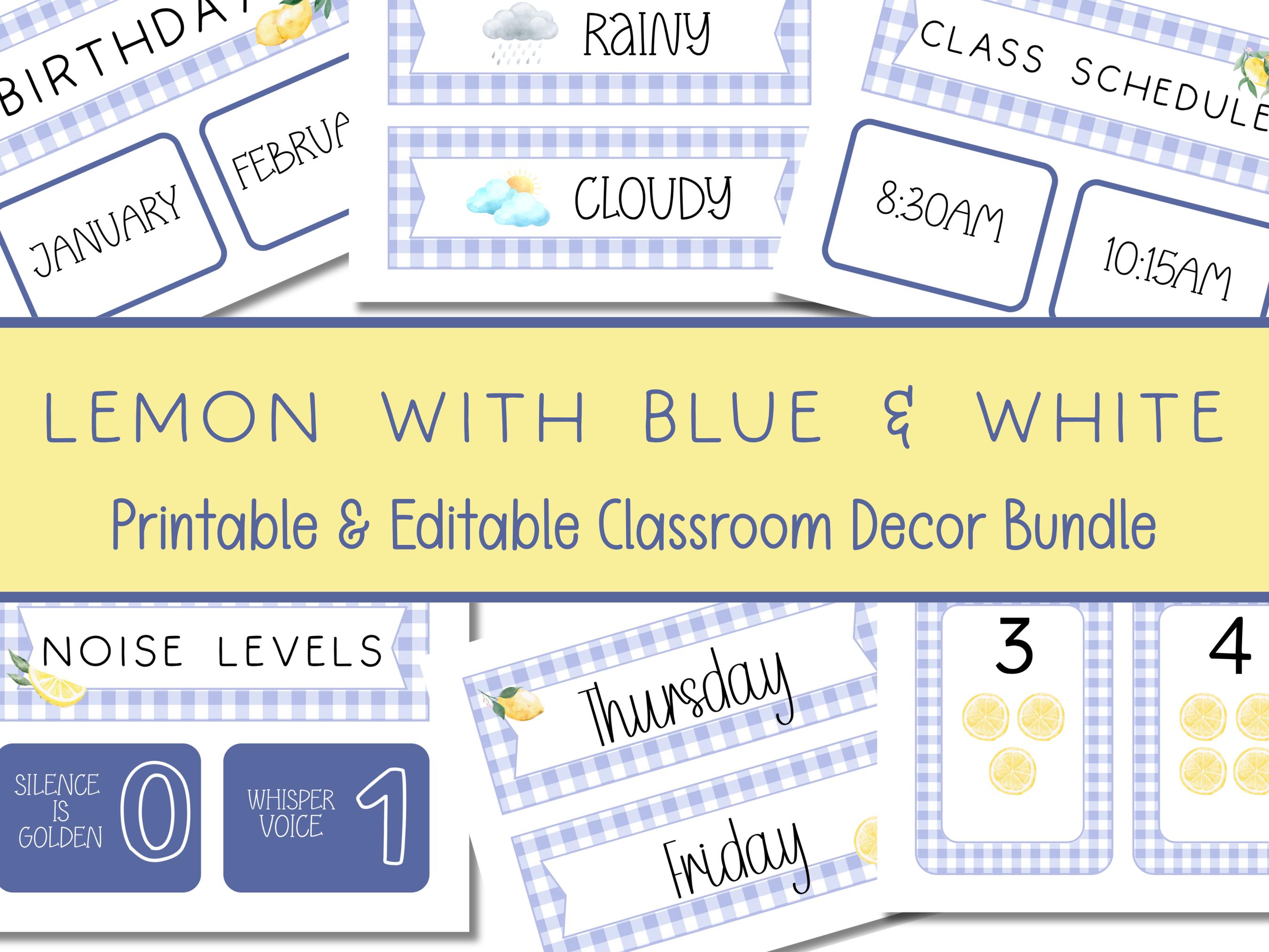 Lemon Classroom Decor Bundle: Blue & White Printable Template (canva ...