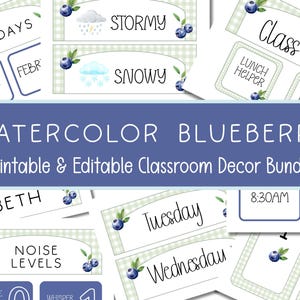 Watercolor Blueberry Classroom Decor Bundle: Canva Template (digital ...