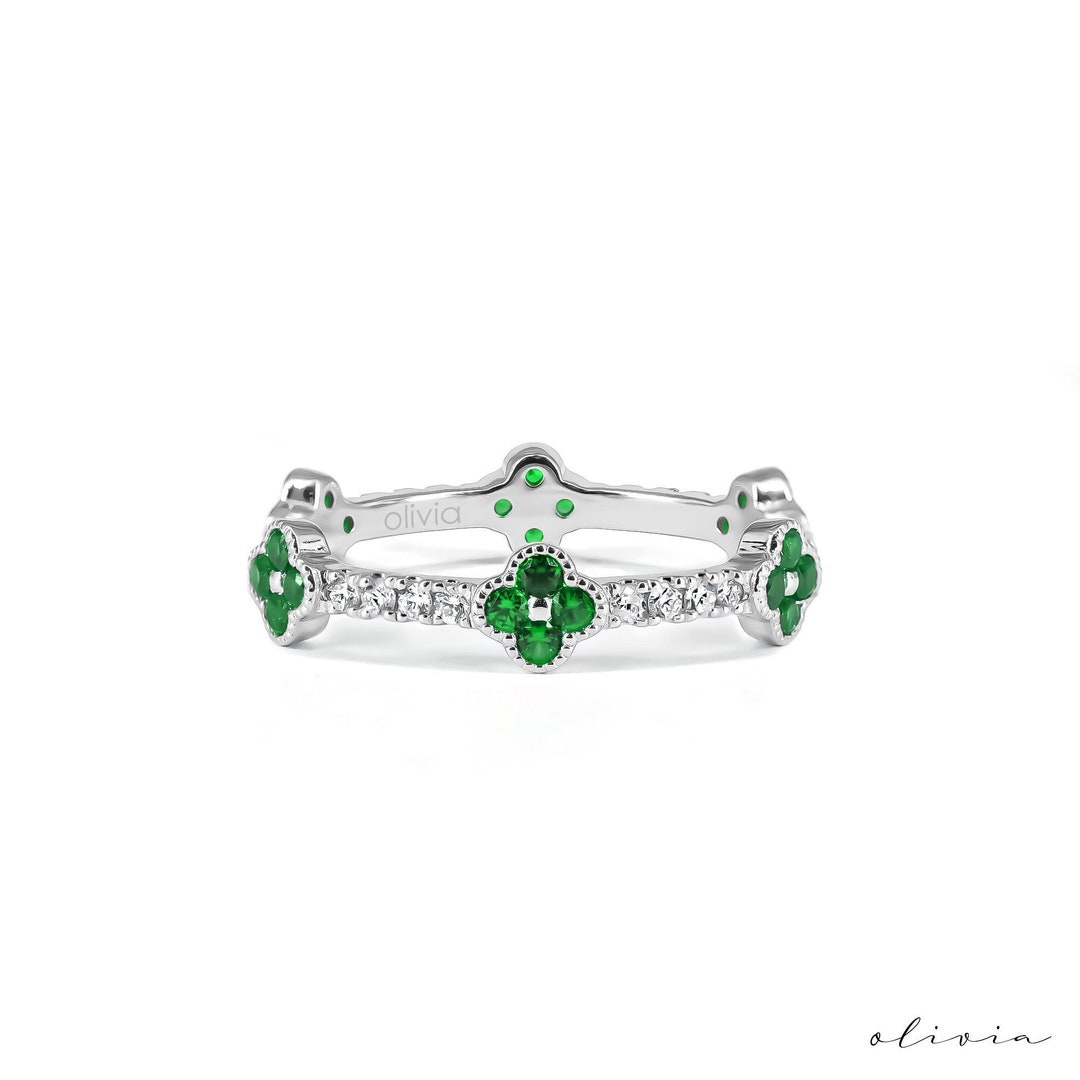 Clover Diamond Ring Gold Emerald Diamond Ring Dainty Ring Gold Clover Leaf Ring Diamond Eternity ...