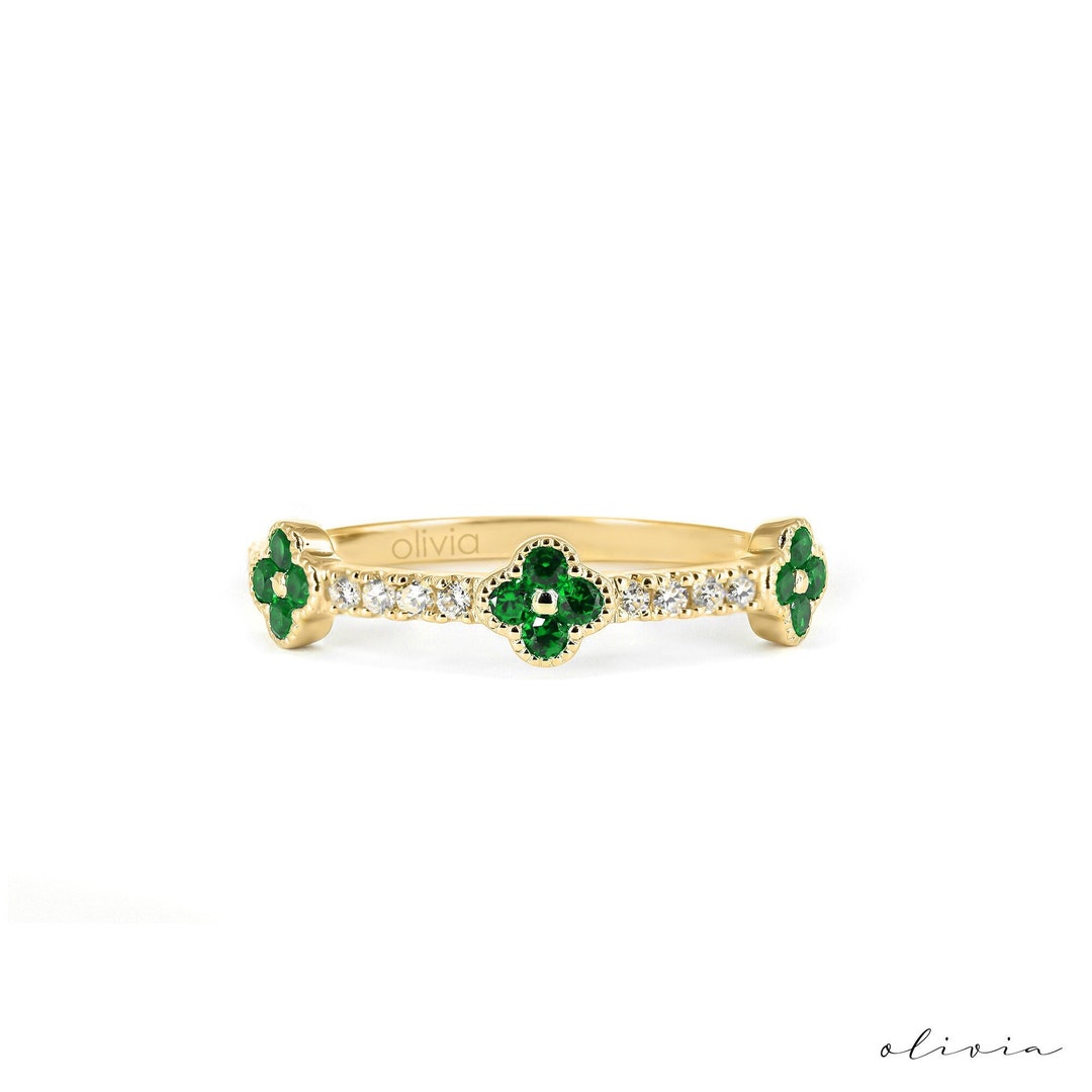 Clover Emerald Gold Ring • Dainty Diamond Ring • Wedding Band Ring • May Birthstone Ring • Fine ...