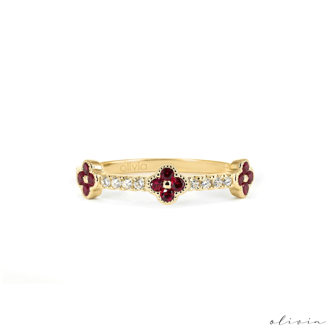 Clover Leaf Diamond Ring Gold 14K Solid Gold Ruby Clover Ring Dainty ...
