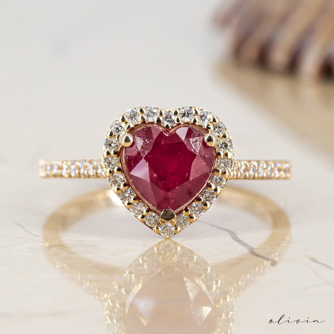 Heart Shaped Engagement Ring • Ruby and Diamond Wedding Band • Heart Ruby Promise Ring •14k ...