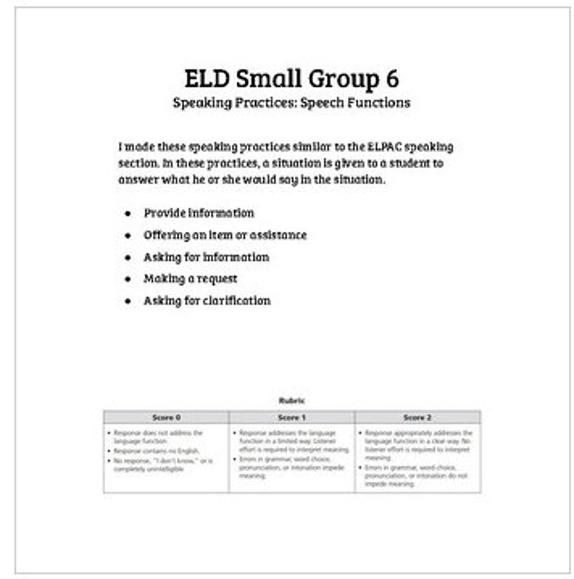 ELPAC ELD Speaking Speech Functions Practices - Etsy