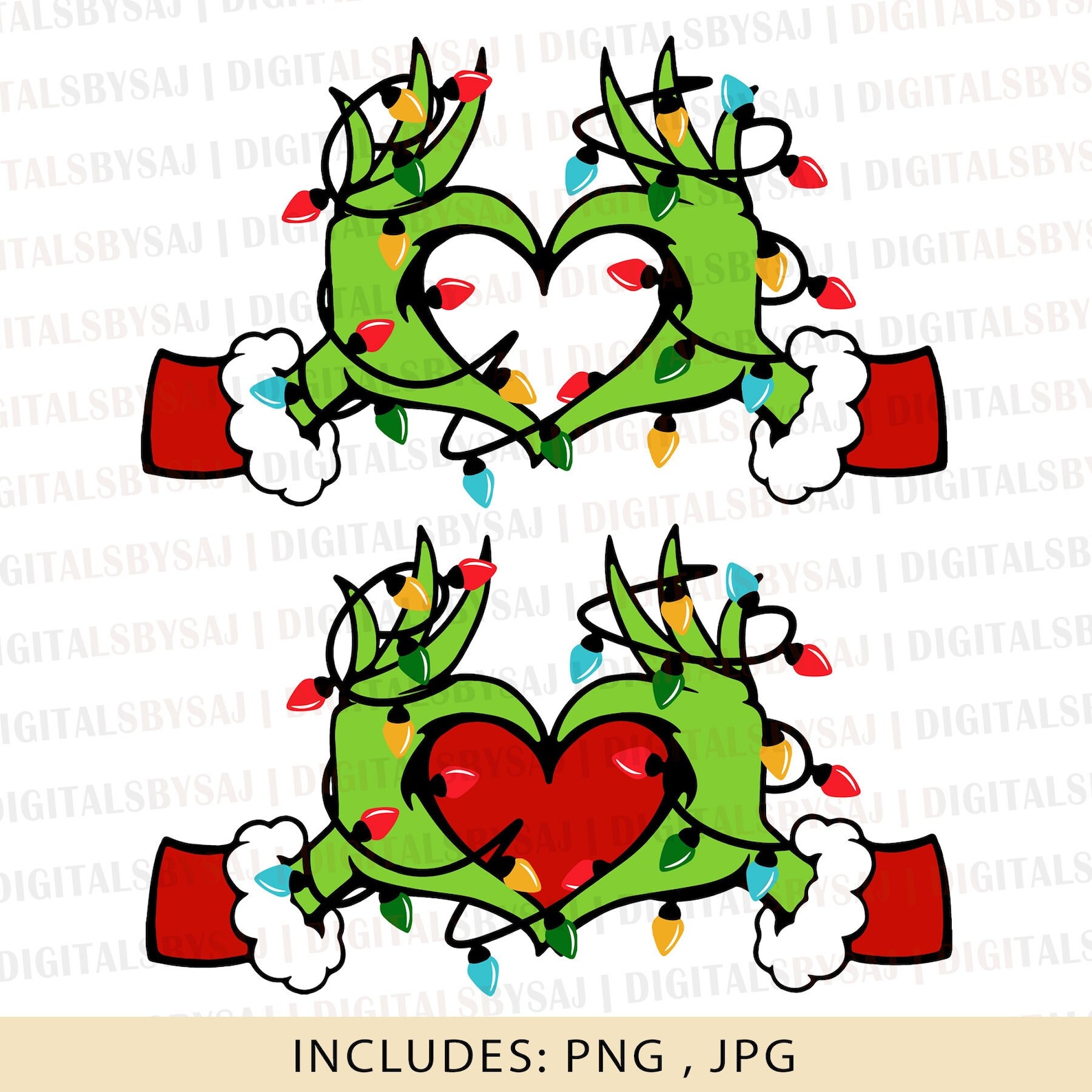 Grinch Heart Hands Wrapped in Christmas Lights, Grinch Finger PNG, Mr ...