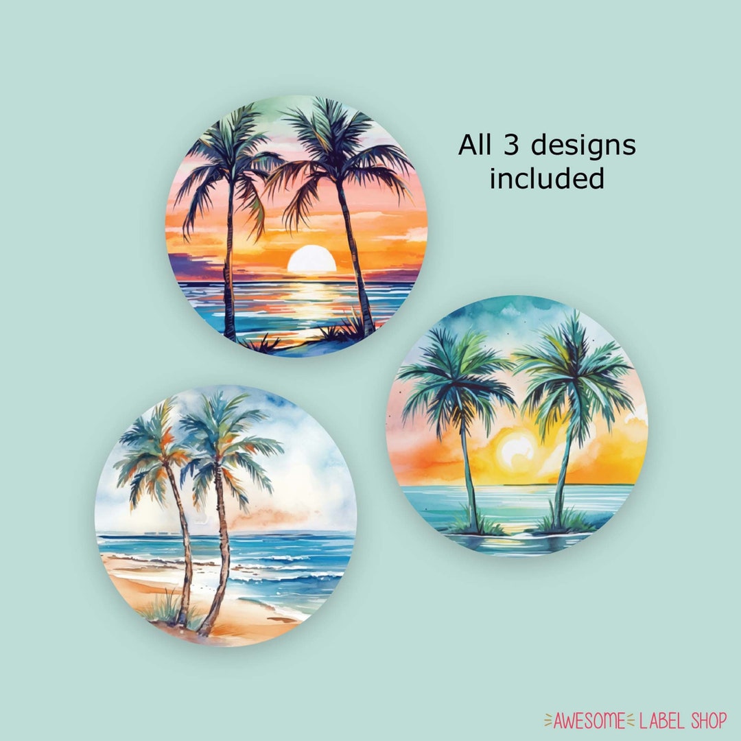 Tropical Envelope Seals, Watercolor Tropical Beach Sticker Sheet, Palm ...