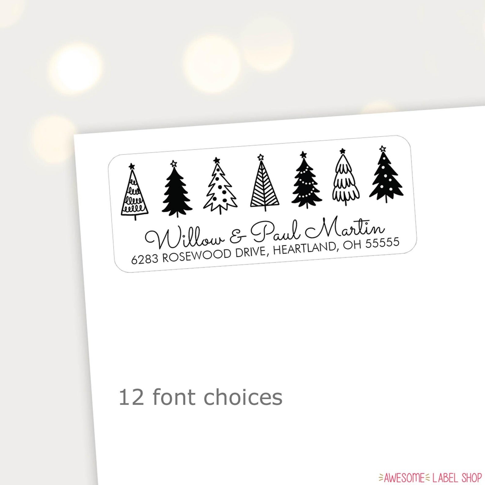 Black and White Christmas Tree Address Labels Stickers on White or ...