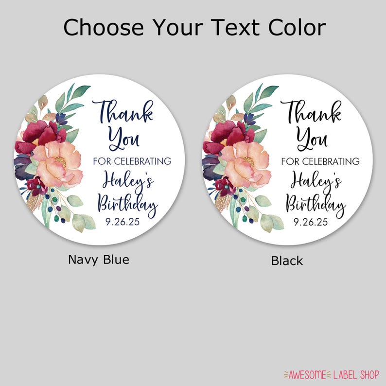 Birthday Thank You Stickers Burgundy and Blush Flowers Birthday ...