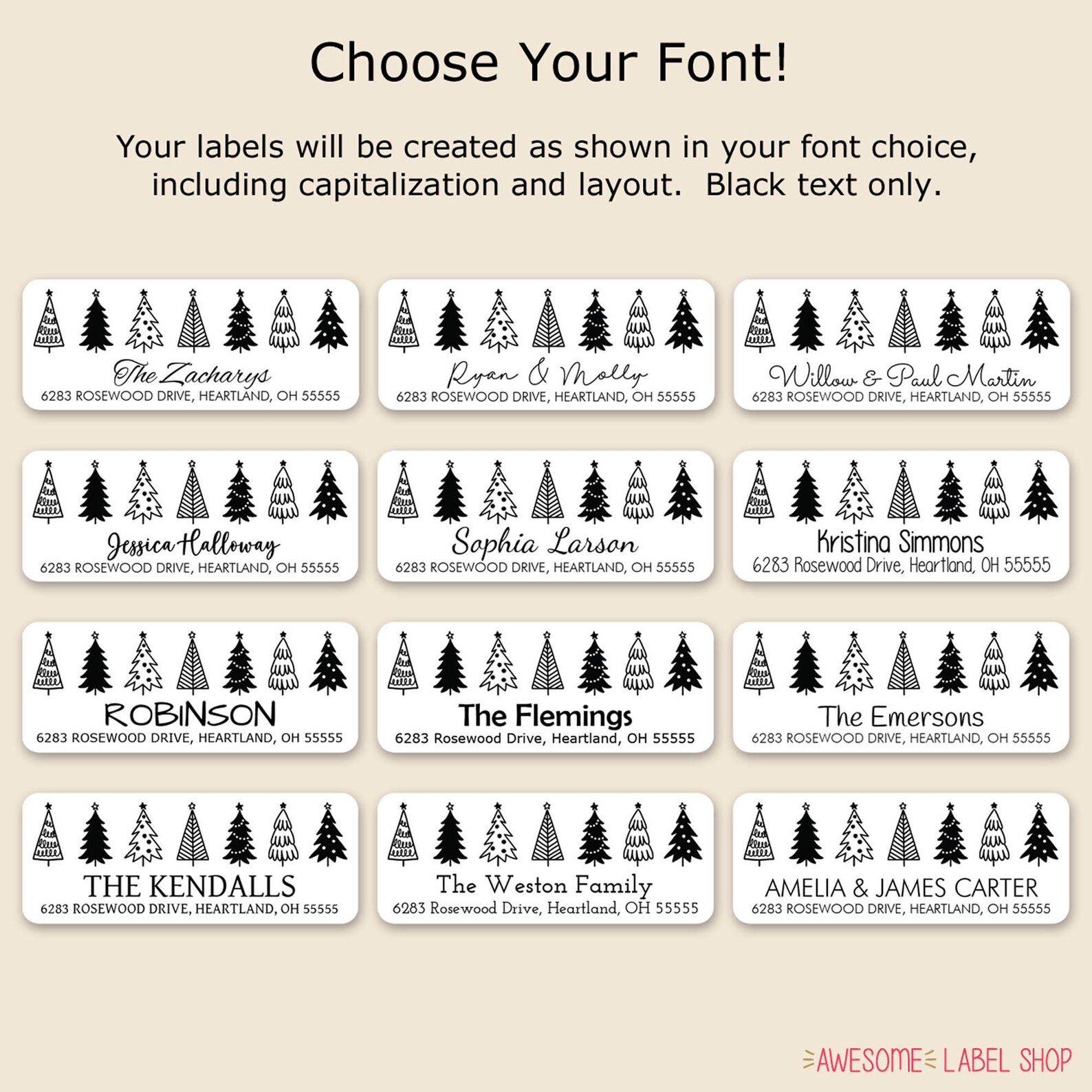 Black and White Christmas Tree Address Labels Stickers on White or ...