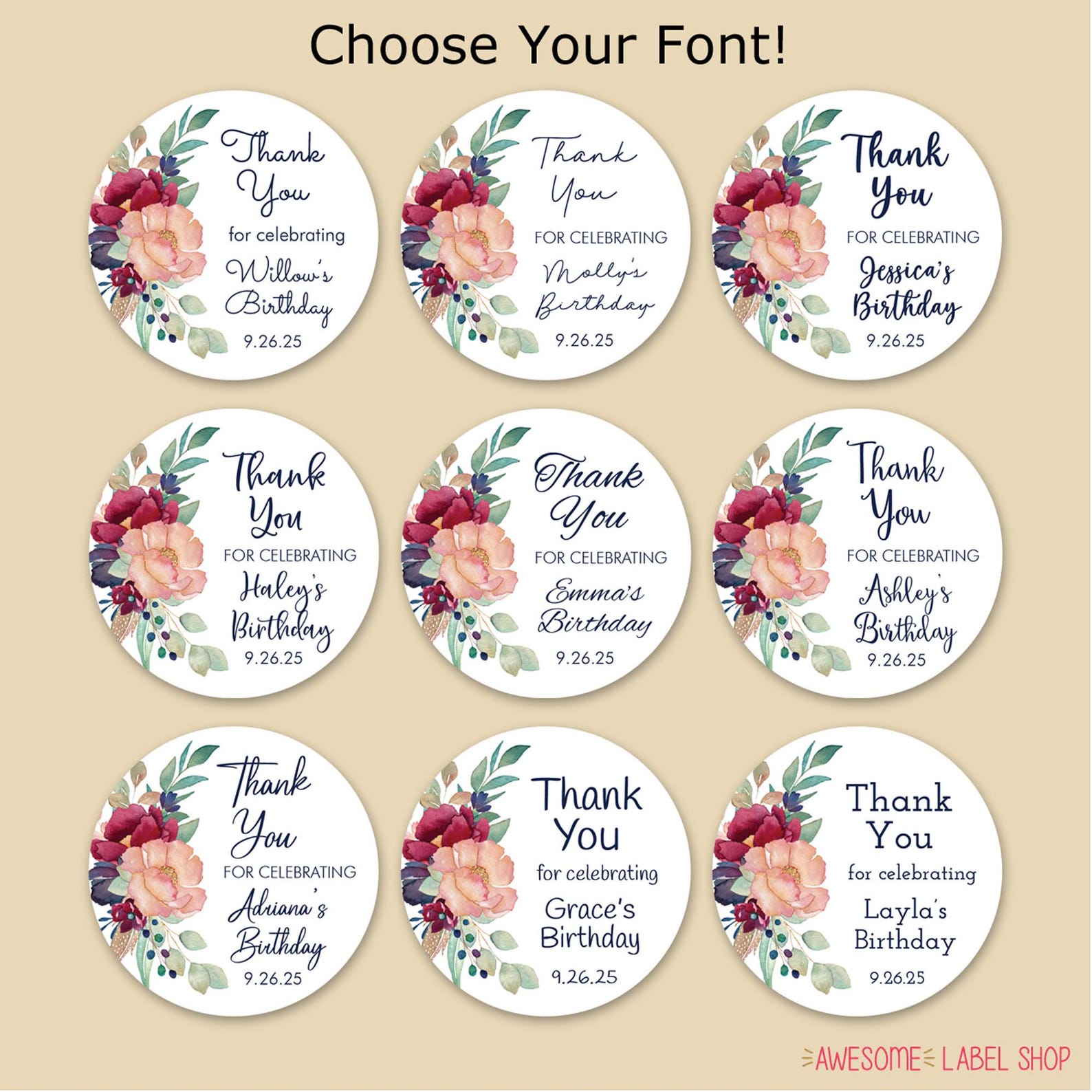 Birthday Thank You Stickers Burgundy and Blush Flowers Birthday ...