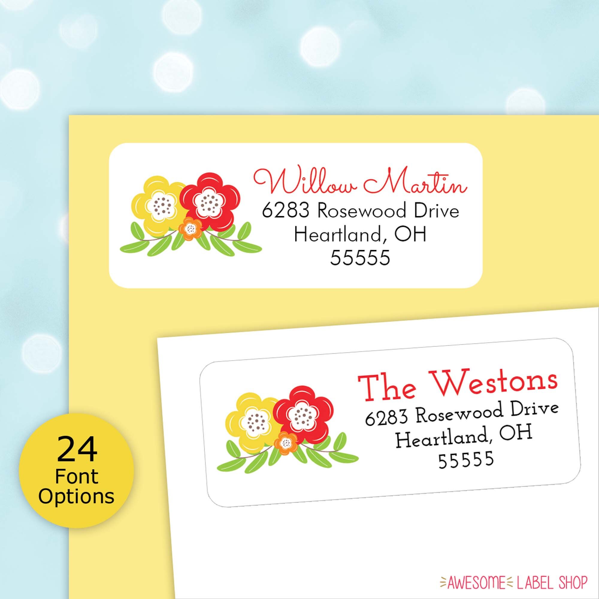 Floral Return Address Labels, Red and Yellow Flower Address Labels ...