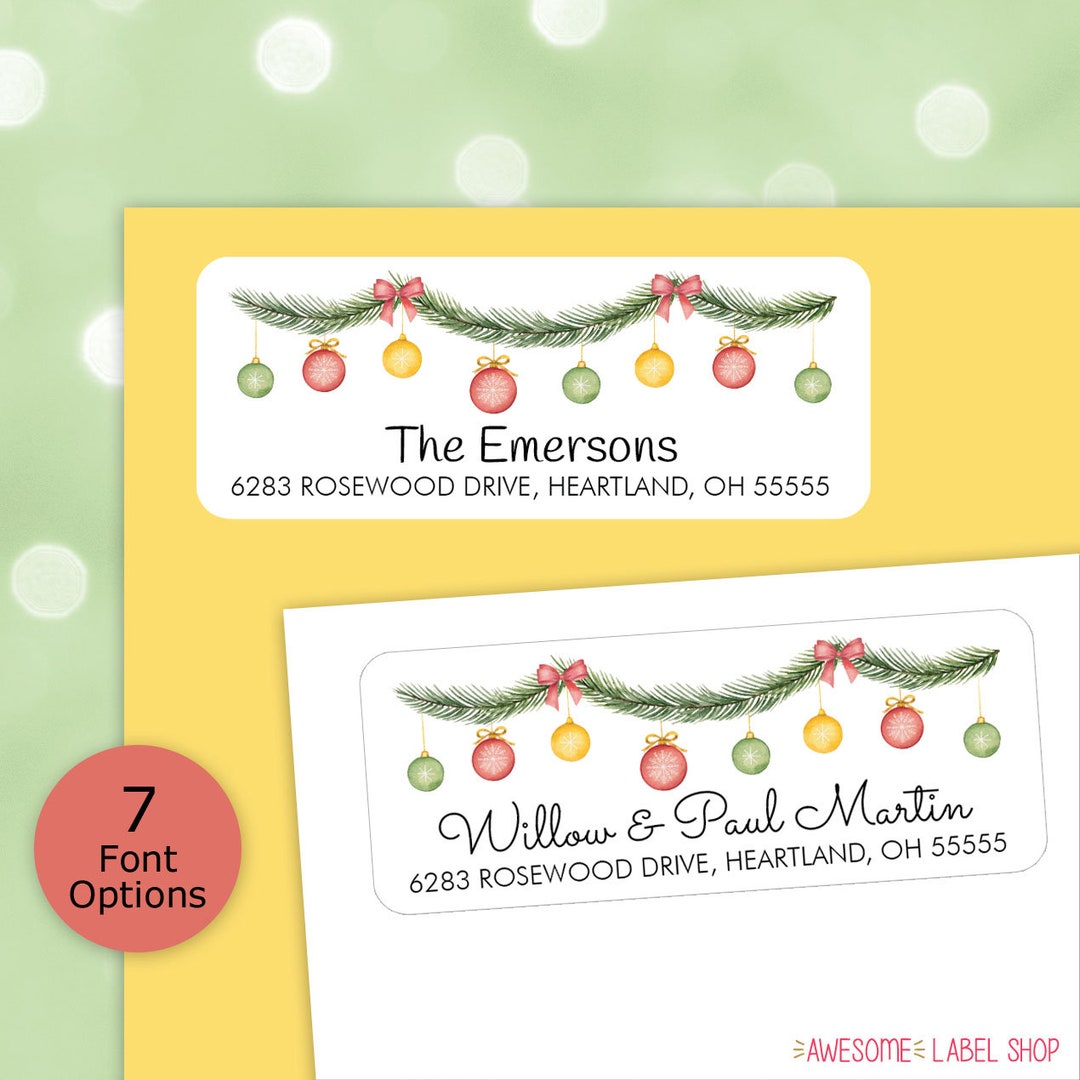 Christmas Garland Address Labels With Red Green Yellow Ornaments ...
