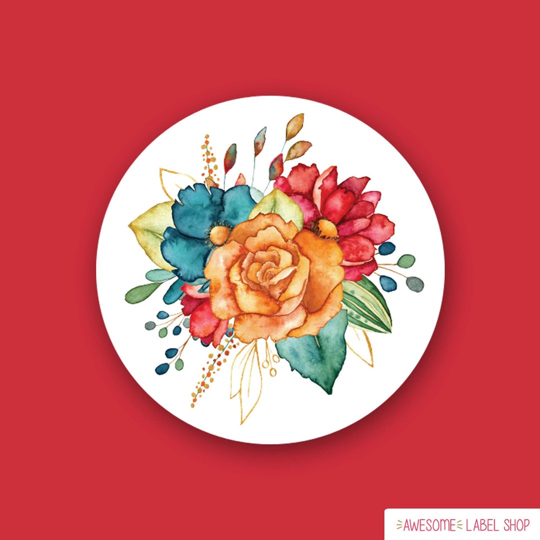 Fall Floral Envelope Sticker, Gold Red Blue Flower Envelope Seal, Fall ...