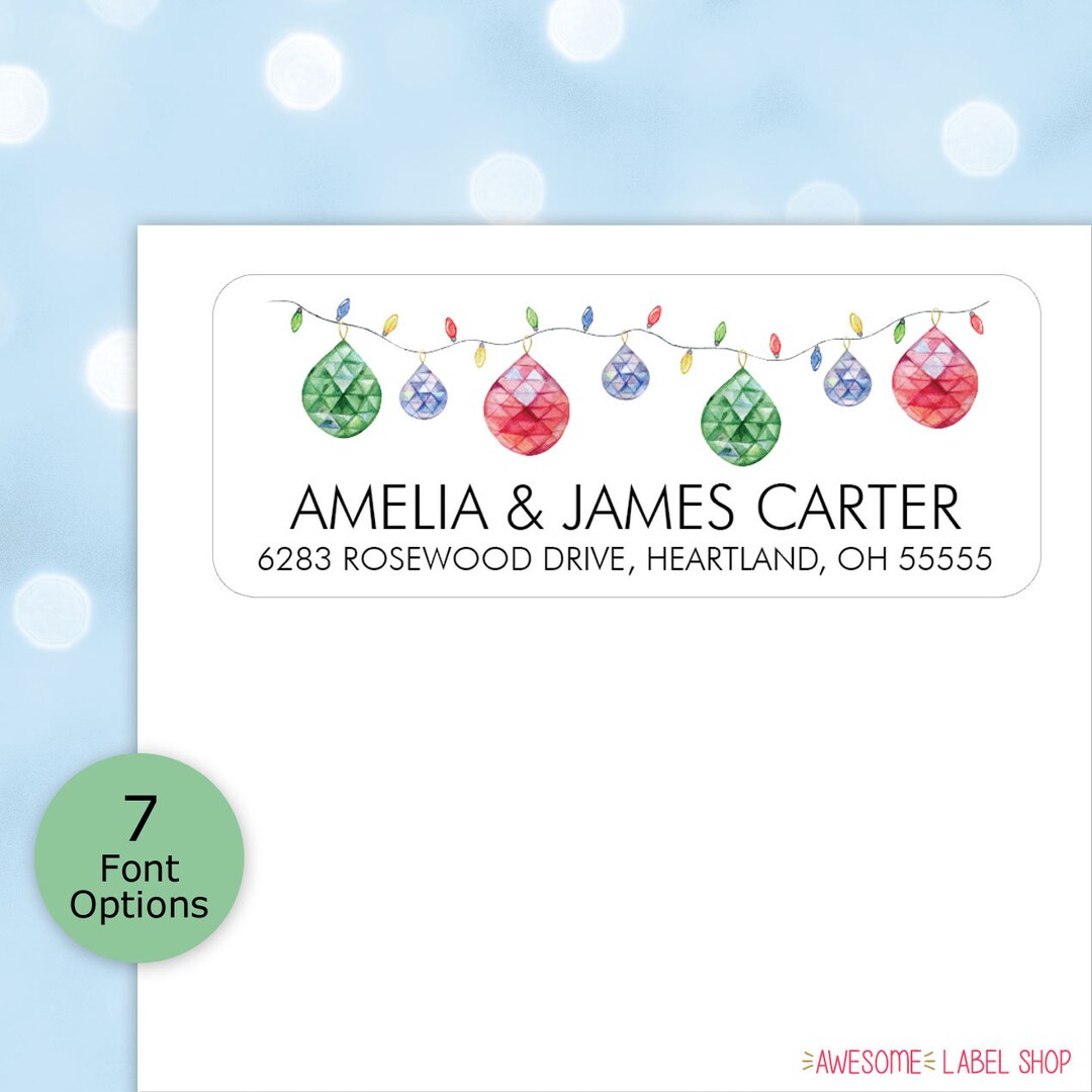 Christmas Return Address Labels With Christmas Lights and Ornaments ...